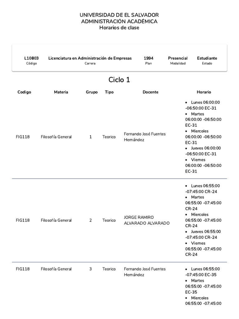 Horarios de Clases UES 2023 | PDF