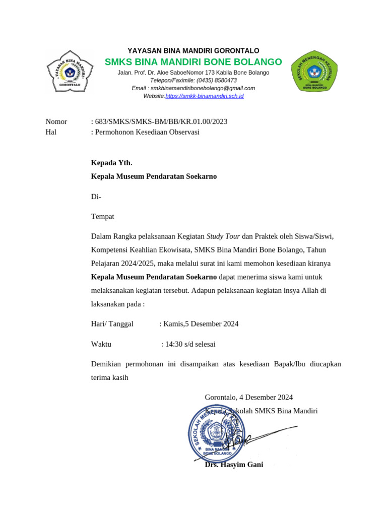 Surat Study Tour Museum Pendaratan Soekarno | PDF