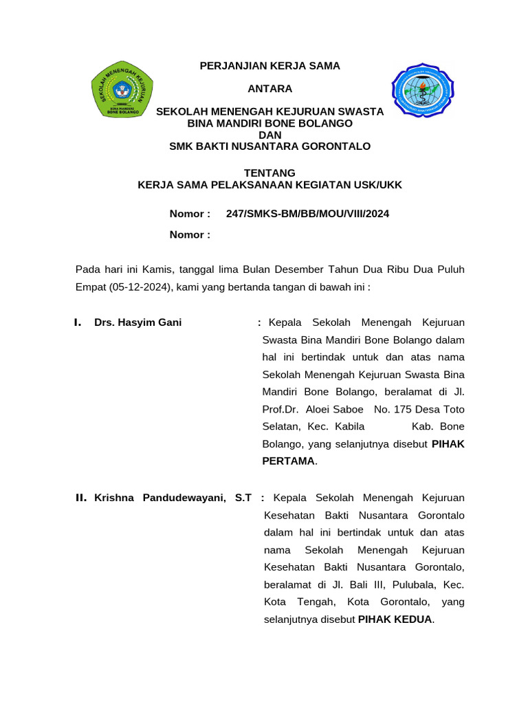 Mou SMK Baktara & SMKS Bina Mandiri Bonbol Final | PDF