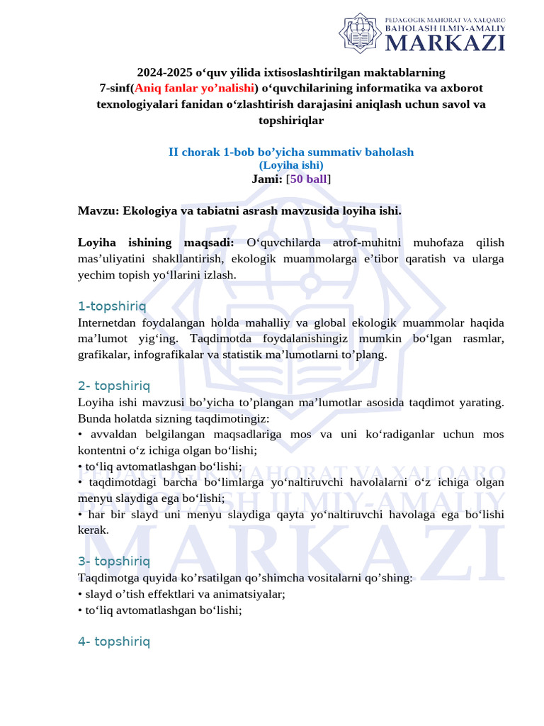 7-Sinf - 1-BSB - Ixtisos (Aniq) - Loyiha Ishi - 2-Chorak - Uz | PDF