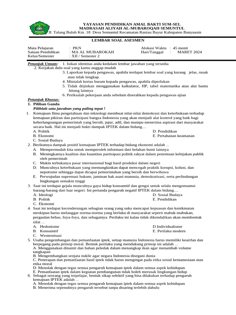SOAL PKN KELAS XII GENAP | PDF