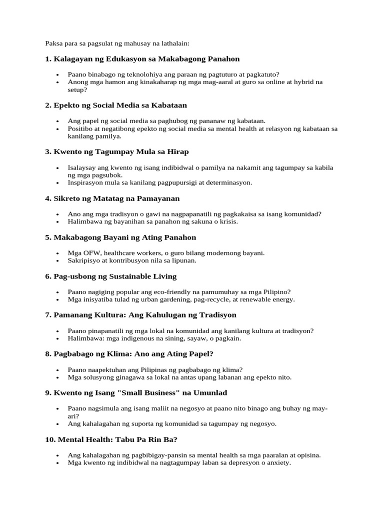 Paksa para Sa Pagsulat NG Mahusay Na Lathalain | PDF