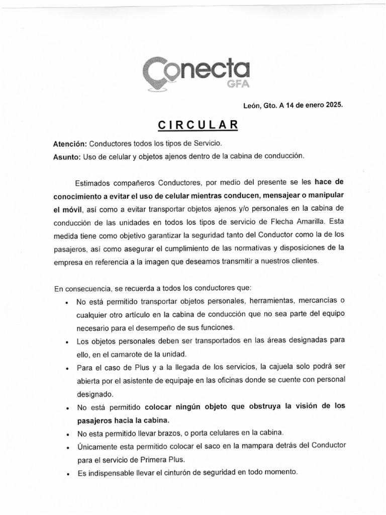 Circular Uso de Celular y Objetos Ajenos Dentro de La Cabina de Conducción. | PDF