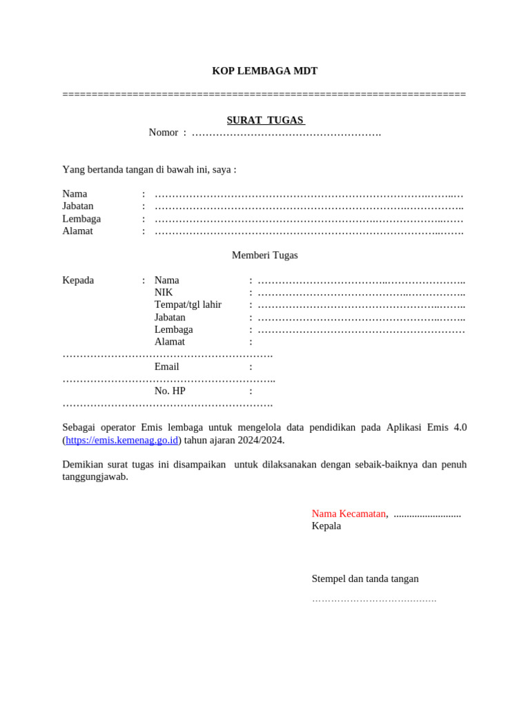 Contoh Format SK Opertor MDT | PDF