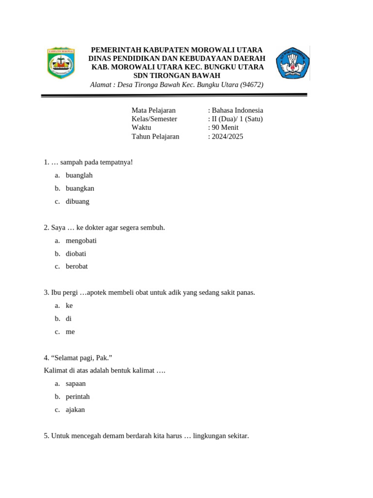 Soal Bhs. Indonesia Sem. 1 Kls 2 | PDF
