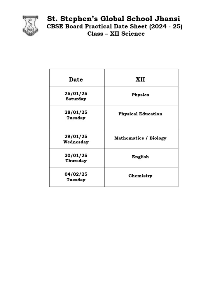 XII Science CBSE BOARD PRACTICAL DATE SHEET 2024-25 | PDF