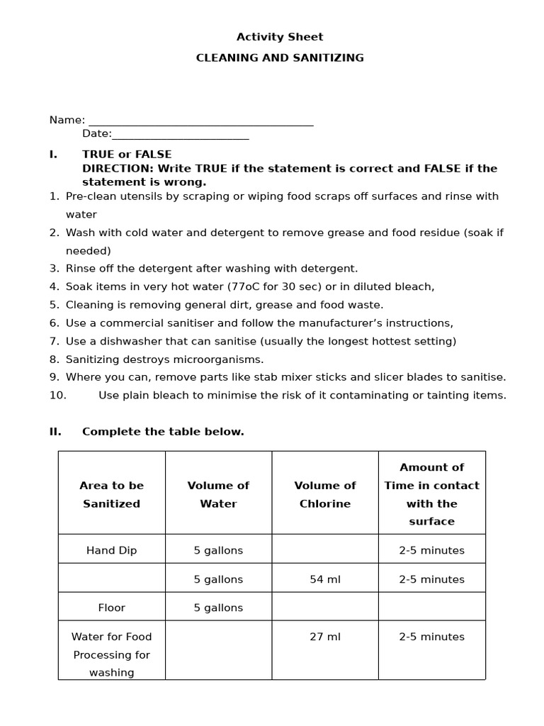 Cleaning and Sanitizing Activity | PDF