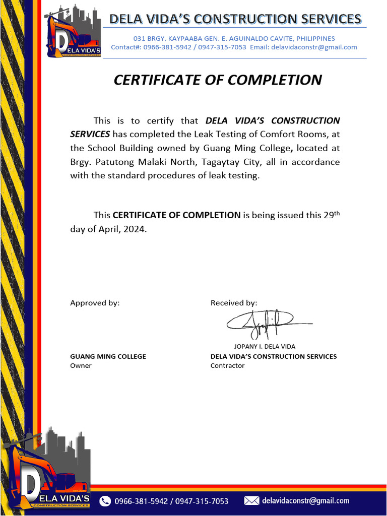 Certificate of Completion for Leak Testing | PDF