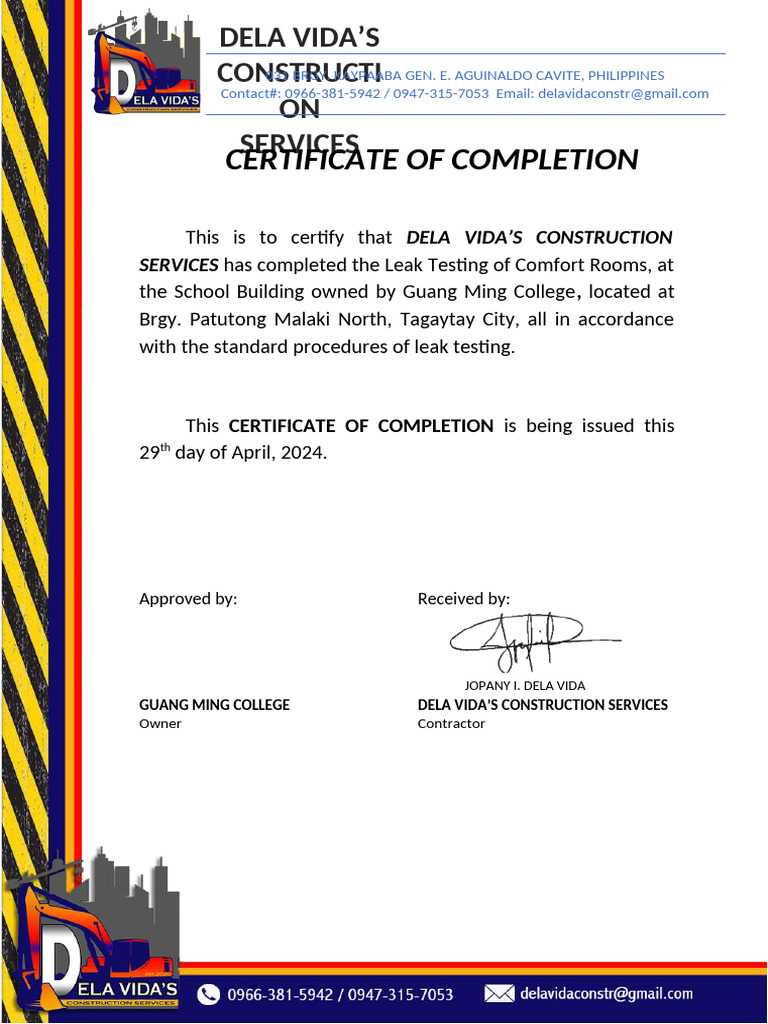 Leak Testing Completion Certificate | PDF