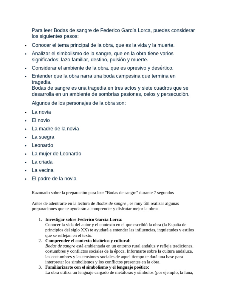 Preparación para leer Bodas de sangre | PDF | Federico García Lorca ...