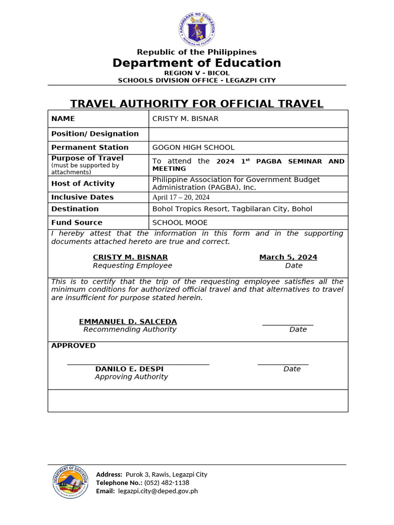 Travel Authority for PAGBA Seminar 2024 | PDF