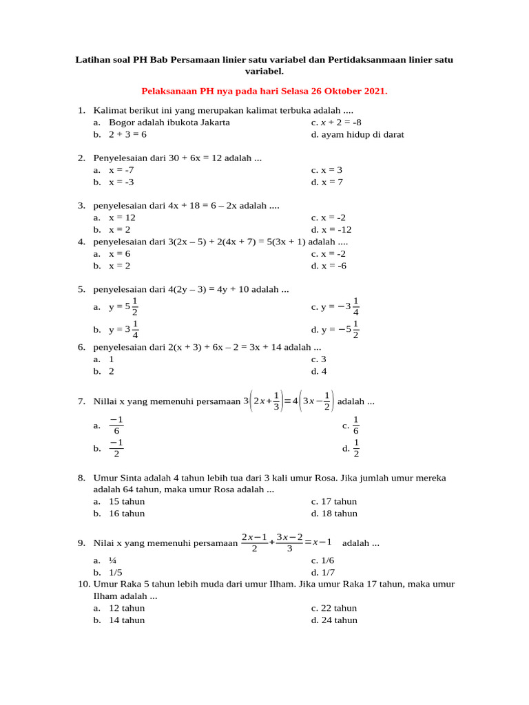 Latihan soal PH Bab Persamaan linier satu variabel dan Pertidaksanmaan linier satu variabel | PDF