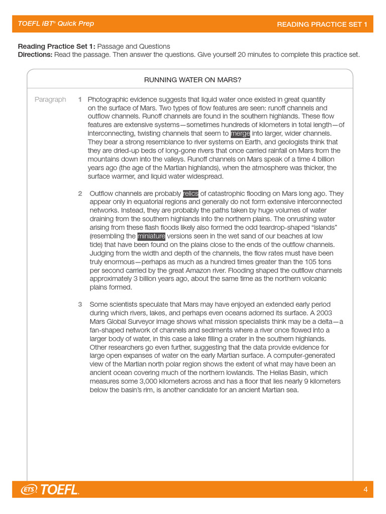 TOEFL+iBT+Quick+Prep+Vol +4-+Reading+Practice+Set+1 | PDF | Mars | Water
