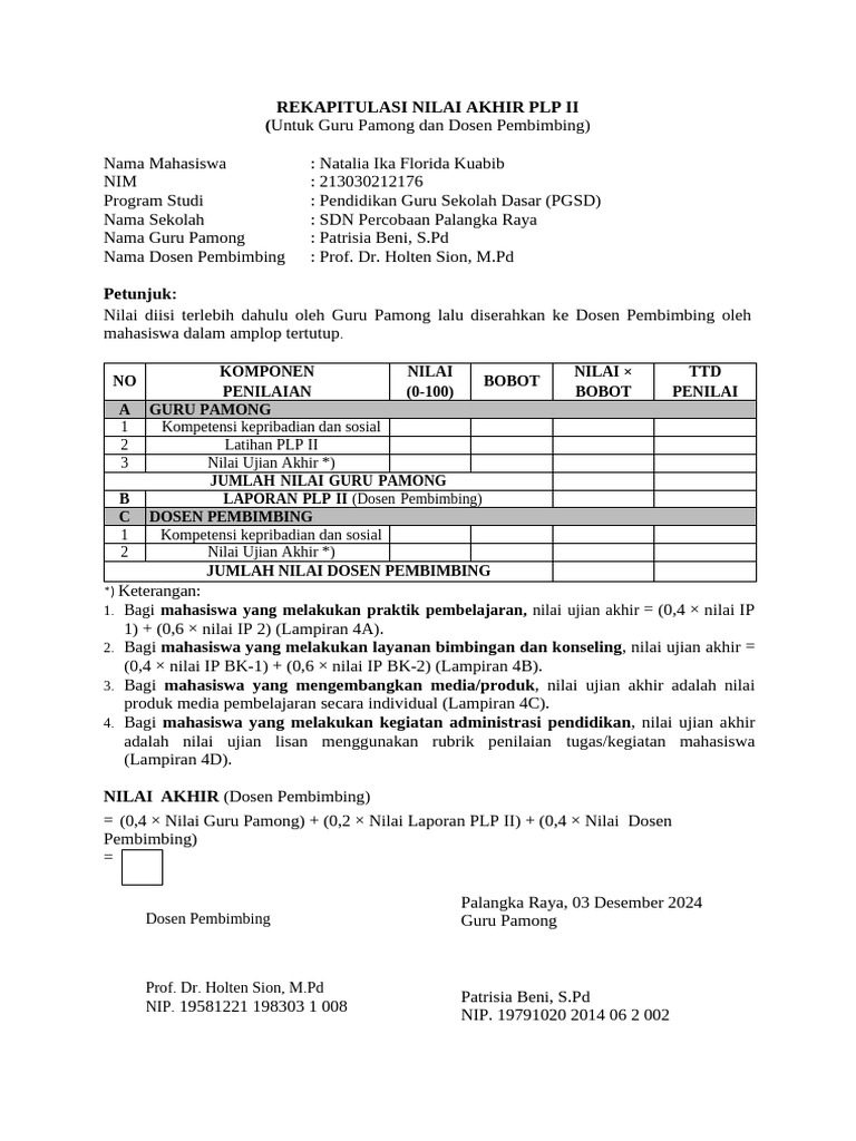 Rekapitulasi Nilai Akhir Plp II | PDF