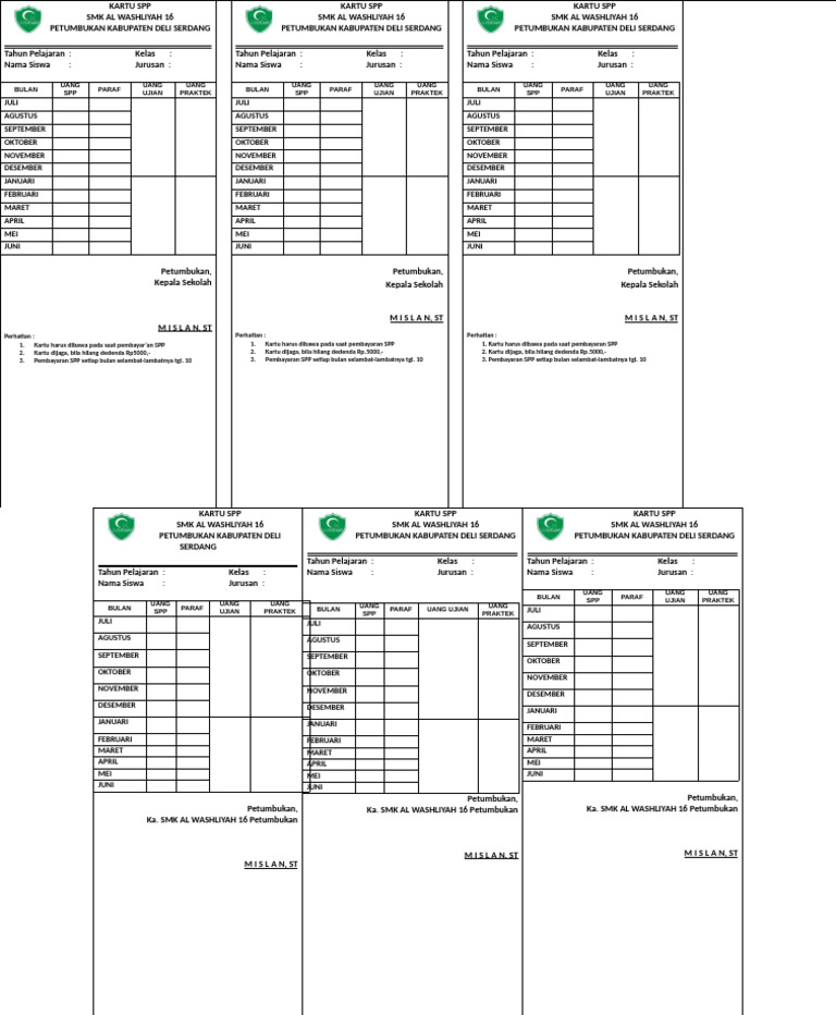 Kartu SPP SMK Al Washliyah 16 | PDF