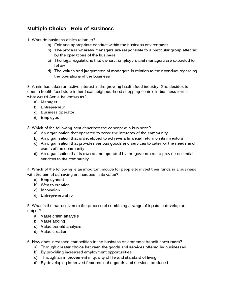 Multiple Choice - Role of Business | PDF | Entrepreneurship | Employment