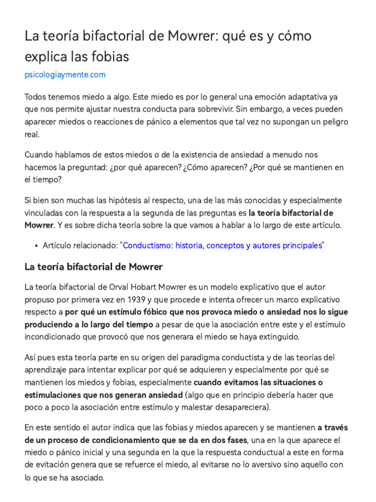 Teoría bifactorial de Mowrer y fobias | PDF | Desorden obsesivo compulsivo | Fobia