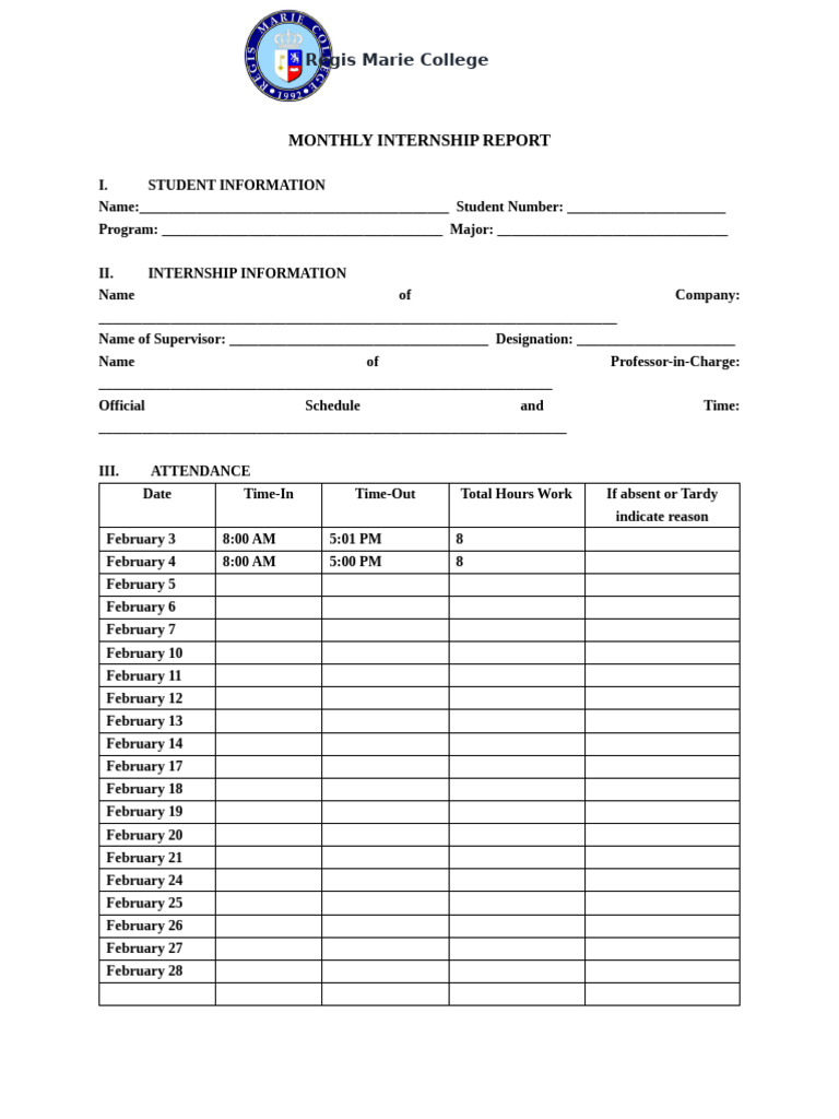 Monthly Internship Report Template | PDF