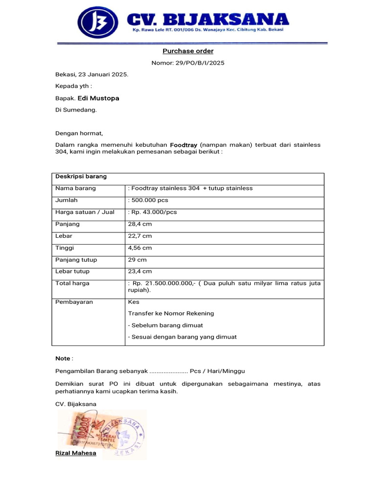 Contoh Surat PO Barang Stainless 304 | PDF