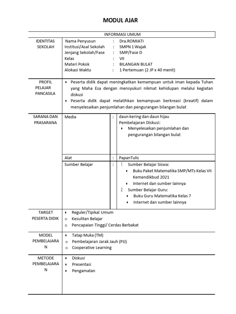 MODUL AJAR ADIWIYATA GANJIL 24-25 PENJUMLAHAN BILBUL Lengkap | PDF