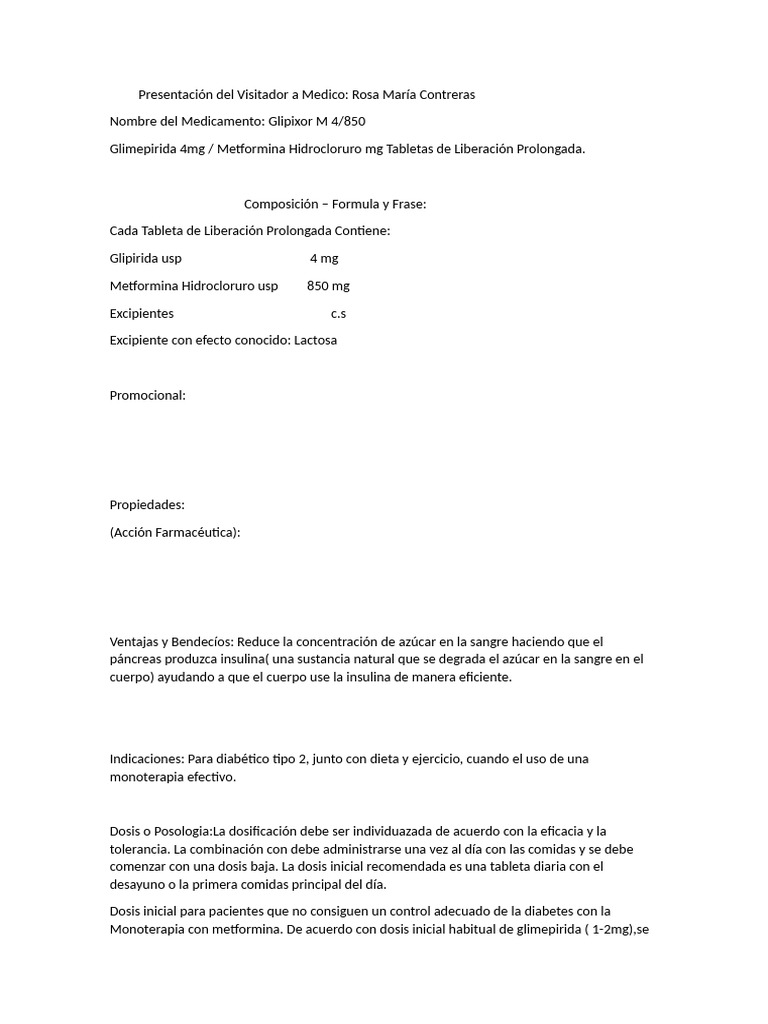 Presentación Del Visitador A Medico | PDF | Tableta (Farmacia) | Diabetes