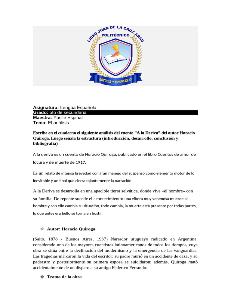 Análisis del cuento A la deriva de Horacio Quiroga (1) | PDF