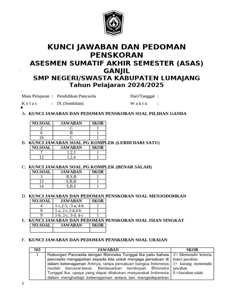 FORMAT KUNCI JAWABAN DAN PENSKORAN | PDF