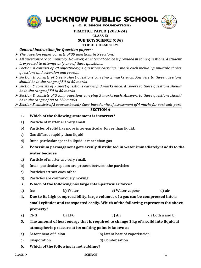 Class IX Science Chemistry Practice Paper | PDF | Water | Liquids