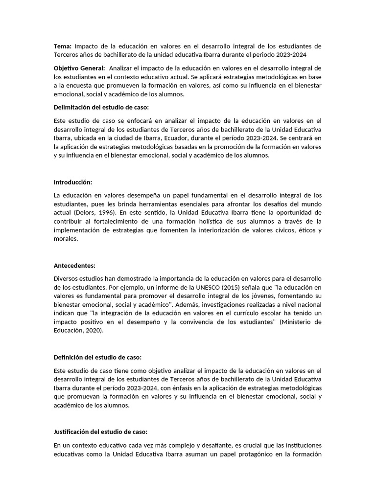 Proyecto 1 Educación en Valores | PDF | Caso de estudio | Bienestar