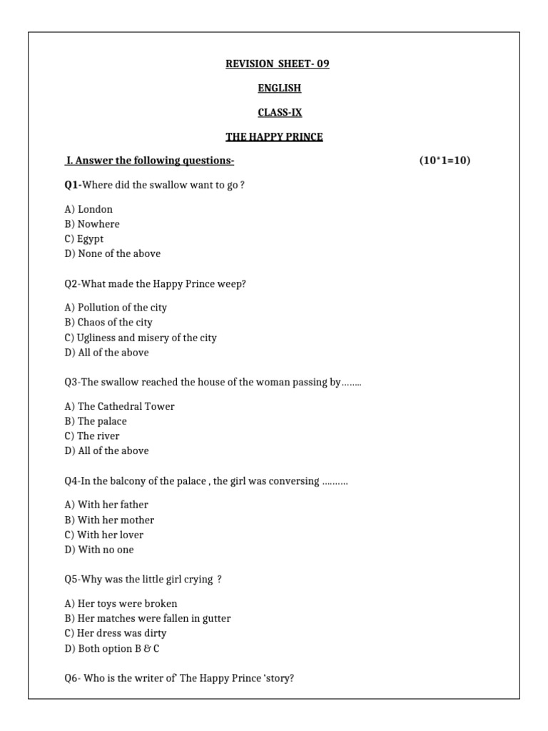 Happy Prince Class IX Revision Sheet | PDF | The Happy Prince And Other ...
