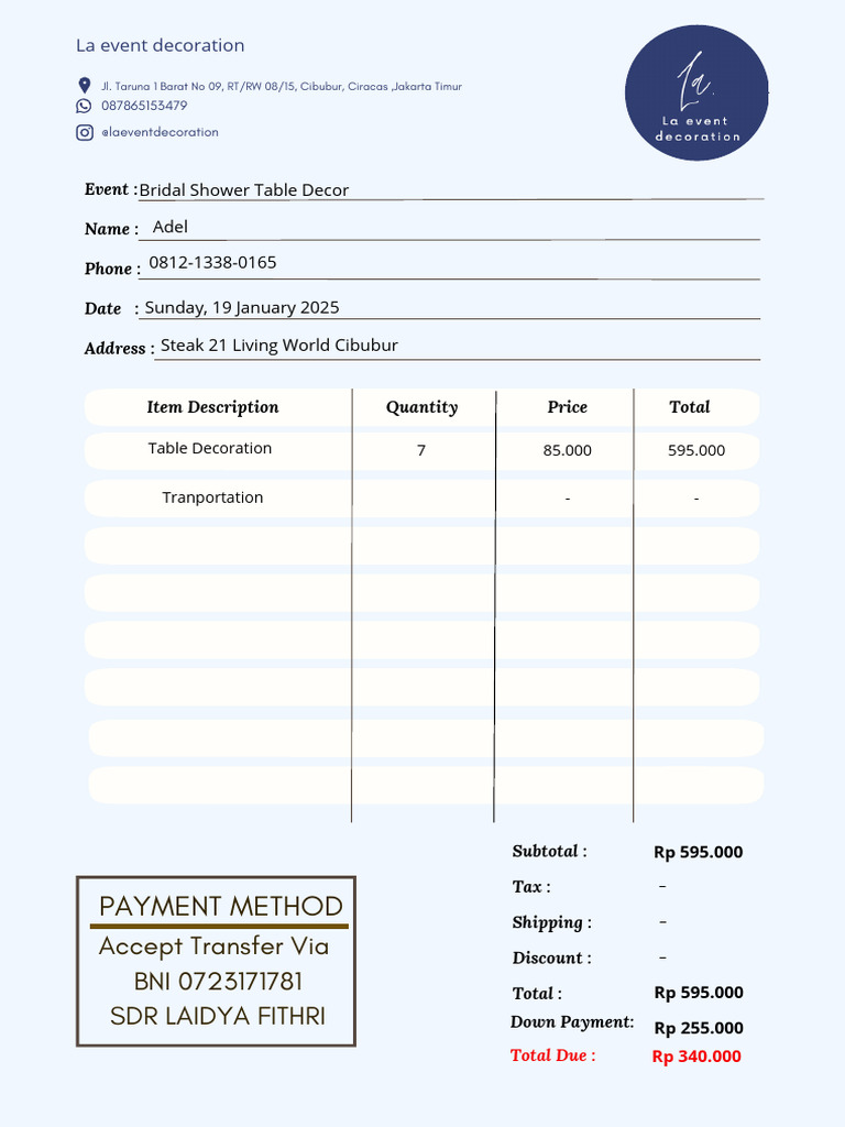 Bridal Shower Table Decor Invoice | PDF