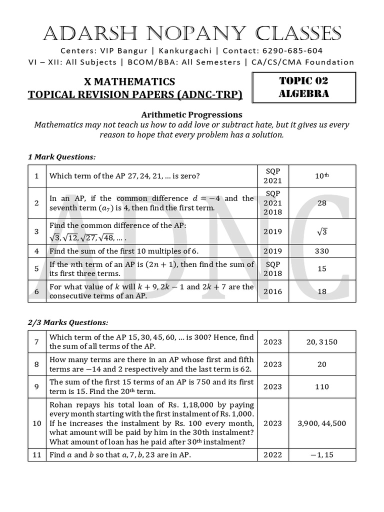Topic 02 - Arithmetic Progressions | PDF | Arithmetic | Mathematics