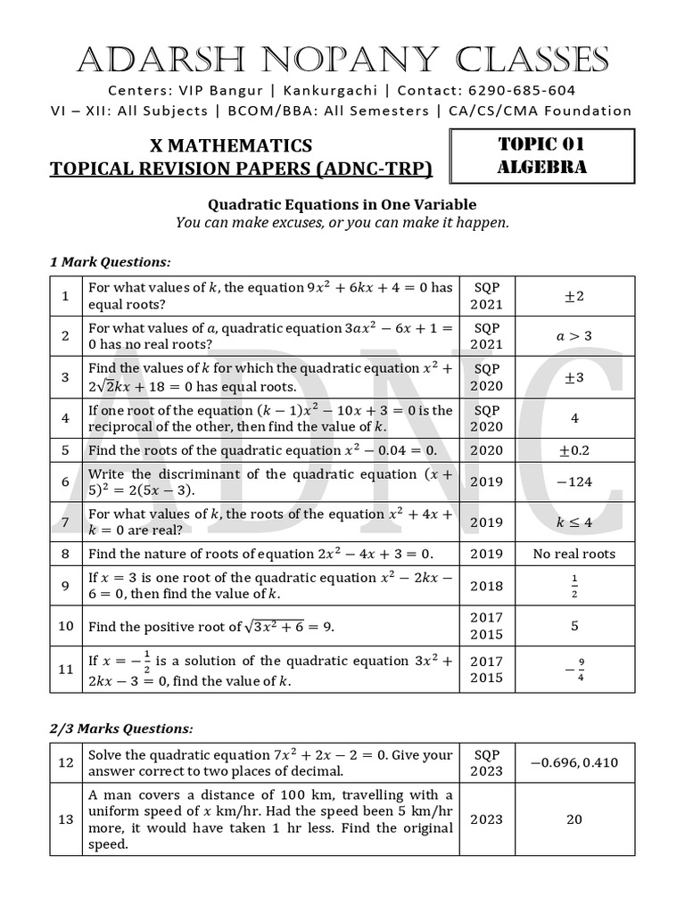 Quadratic Equations Revision Papers | PDF | Quadratic Equation | Equations