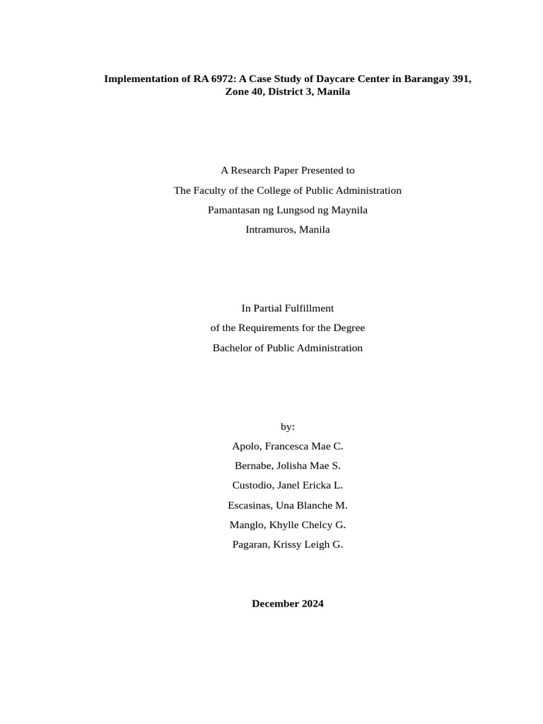 Implementation of RA 6972: A Case Study of Daycare Center in Barangay ...