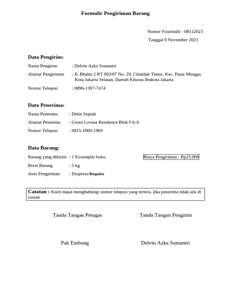 Formulir Pengiriman Barang. | PDF