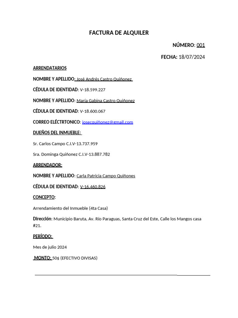 Factura de Alquiler Casa de Santa Cruz | PDF