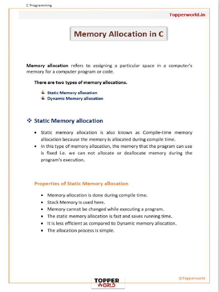 17. Memory Allocation in C | PDF