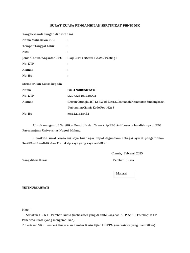 Surat Kuasa Pengambilan Sertifikat | PDF