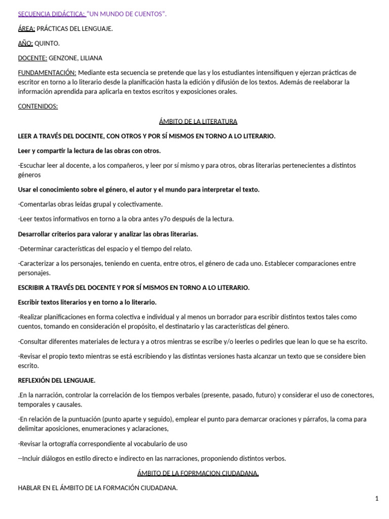 Secuencia Didáctica Práct. Del Leng. 5°año. 2023 | PDF | Narración ...