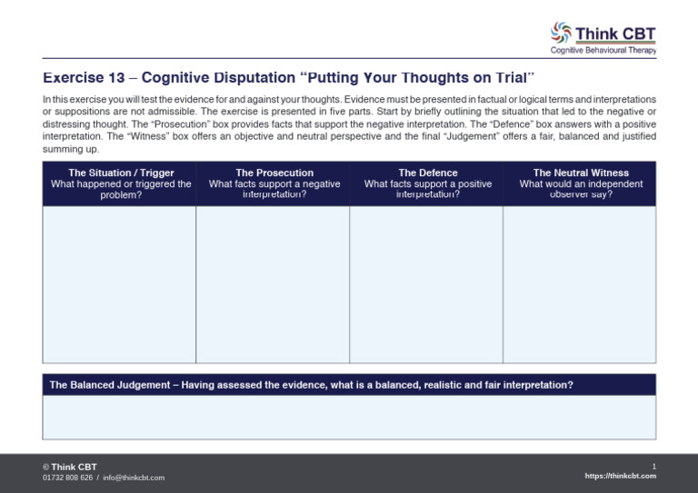 Think CBT Exercise 13 - Cognitive Disputation V10 | PDF