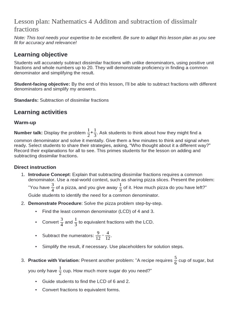 Lesson Plan - Nathematics 4 Additon and Subtraction of Dissimalr Fractions | PDF | Behavior ...