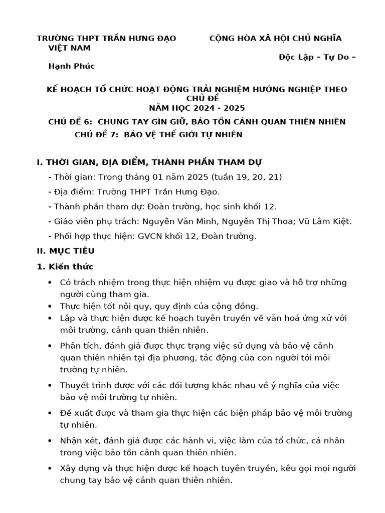 Hdtnhn 12- Ke Hoach Chu de 6-7- Minh - Thoa -Kiệt | PDF