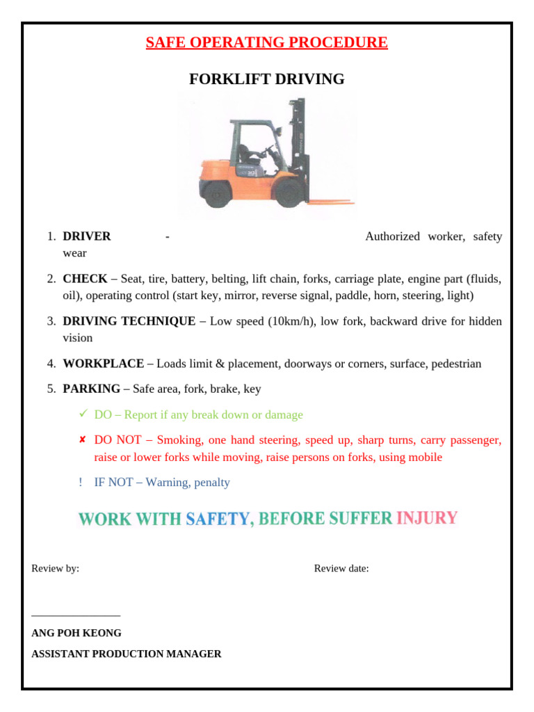Forklift Safe Operating Procedure | PDF