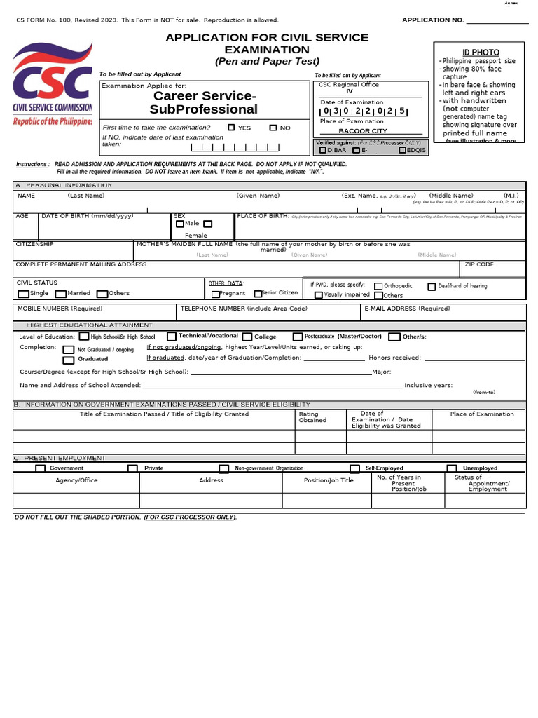 CS-Form-CSESubprofessional TRECE | PDF | Identity Document