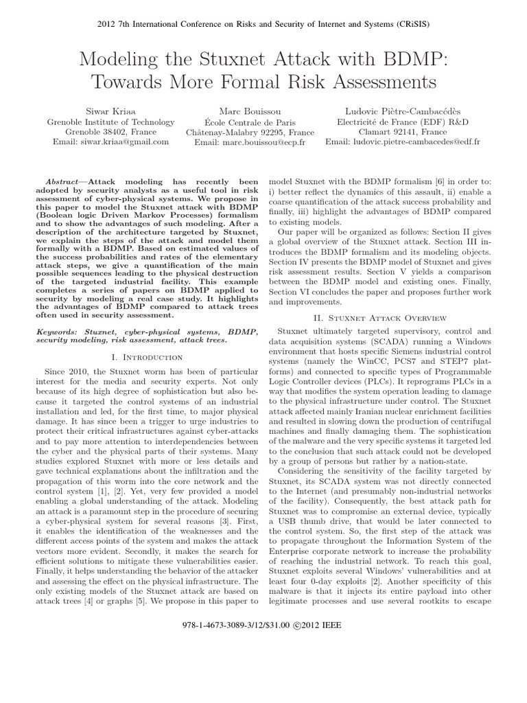 Modeling The Stuxnet Attack With BDMP Towards More Formal Risk Assessments | PDF | Malware ...