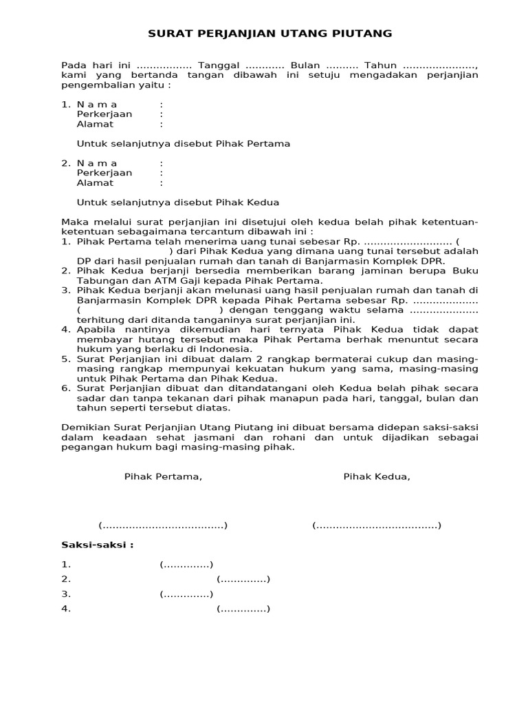 Contoh Surat Perjanjian Utang Piutang | PDF