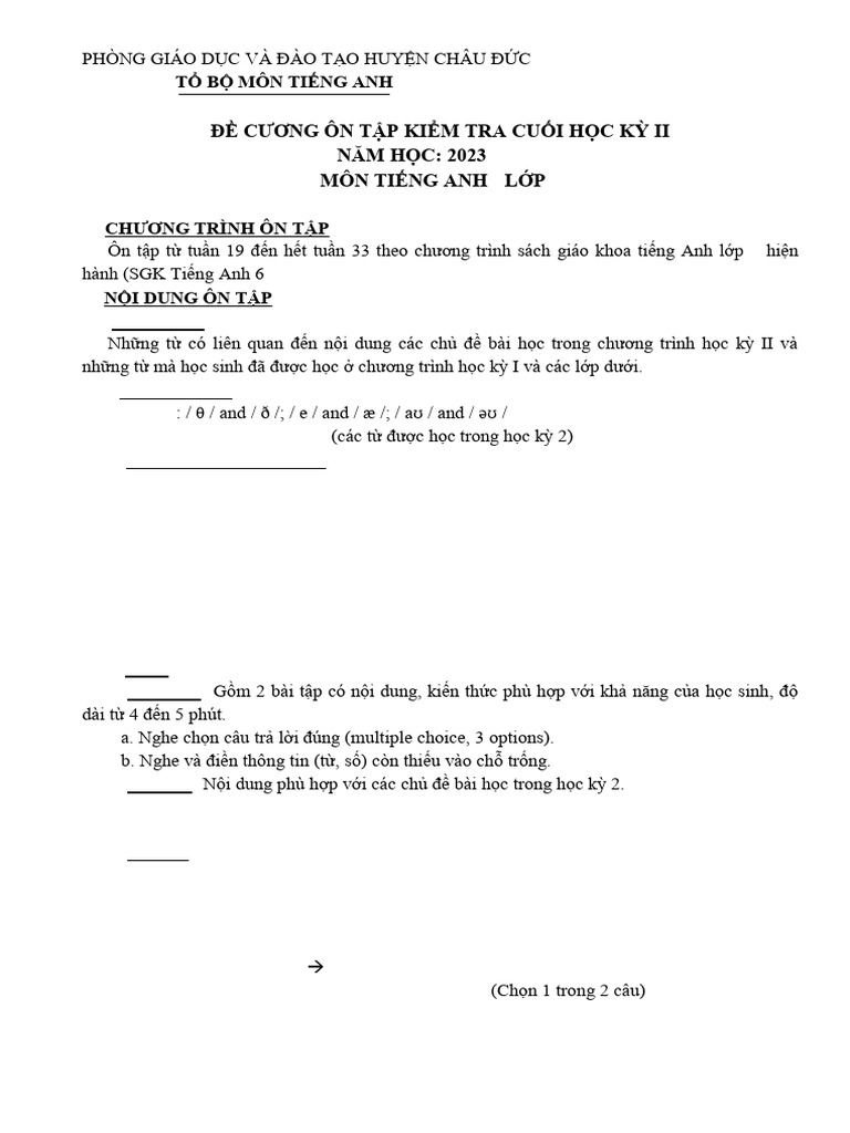 Đề cương + Ma trận T - Anh 6 HKII (23-24) | PDF