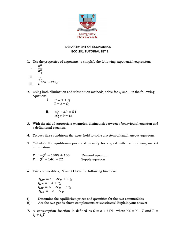 Tutorial Set 1 AUGUST21 ST 2024 | PDF | Economic Equilibrium | Consumption (Economics)