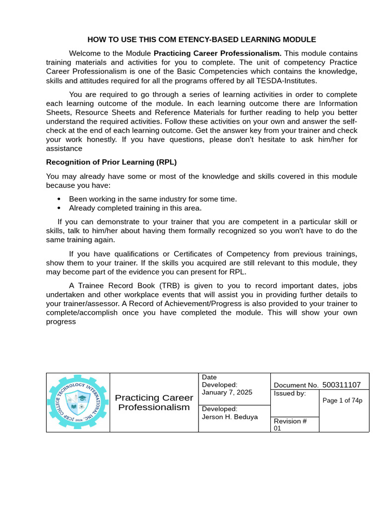 Competency-Based Career Professionalism Guide | PDF | Goal | Hygiene