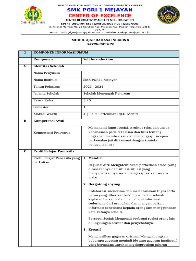 1. MODUL AJAR INTRODUCTION | PDF